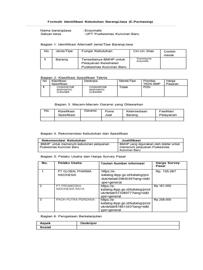 Formulir Identifikasi Kebutuhan Barang Enzymatic | PDF