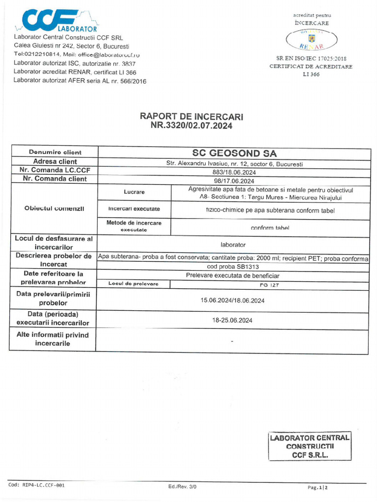 Exemplu Raport Evaluare Agresivitate Apa | PDF