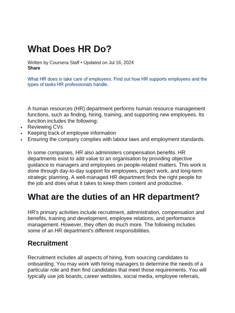 Understanding HR Functions and Roles | PDF | Human Resources | Employee ...