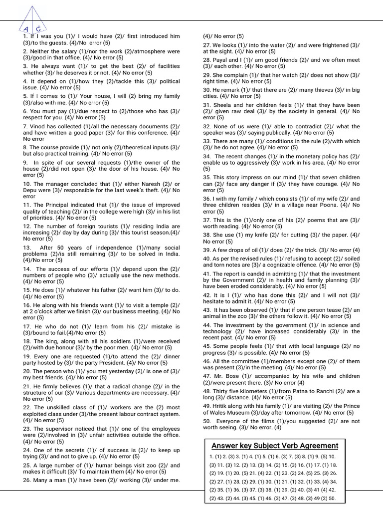 Subject Verb Agreement New Sheet (Y) | PDF