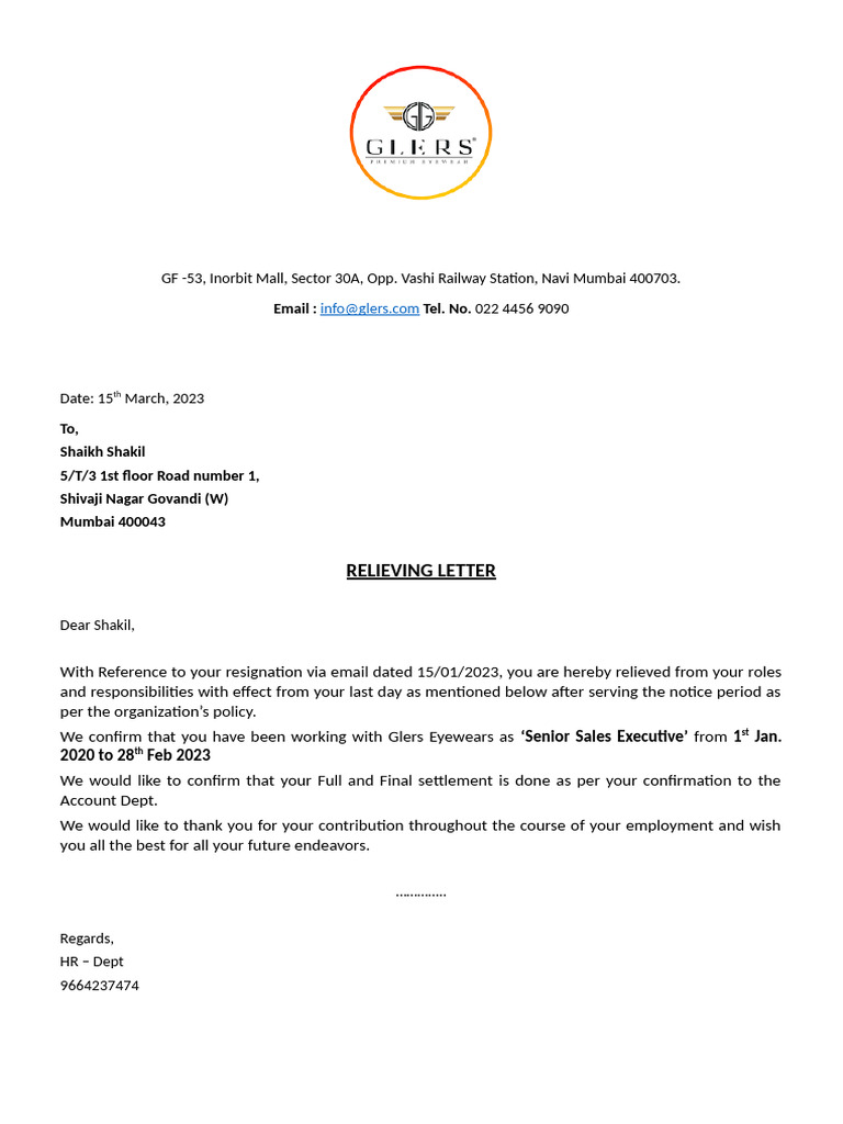 Relieving Letter for Shaikh Shakil | PDF