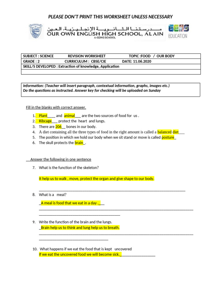 Science Revision Worksheet Grade - 2 | PDF