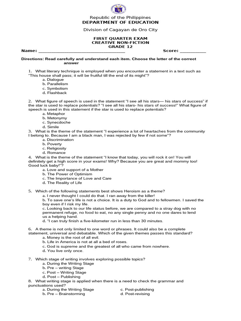 Grade 12 Creative Non-Fiction Exam | PDF | Narration