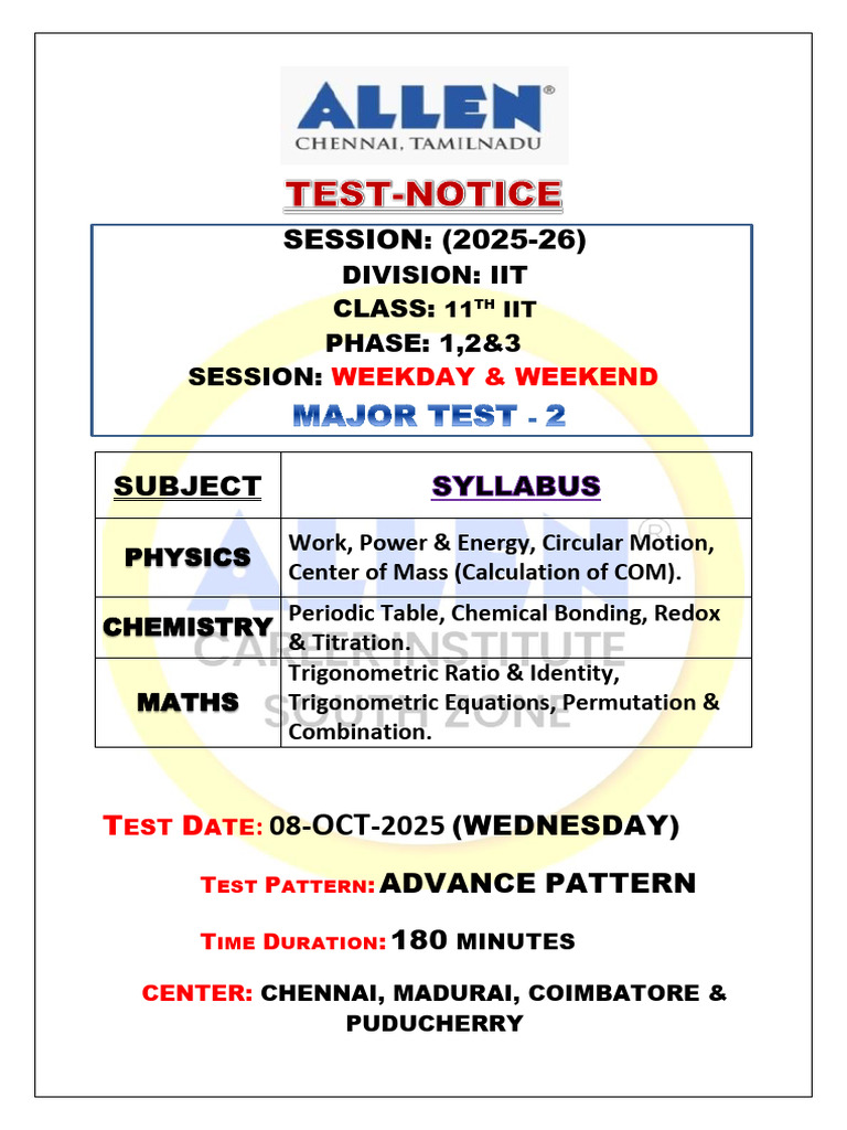 Tamilnadu Class 11th Iit Phase 1,2&3 (WD We) 08 Oct 2025 (2025 26 ...