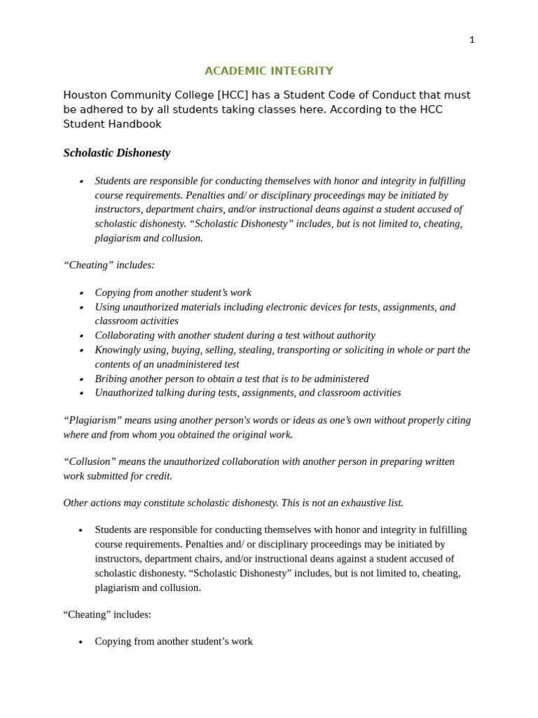 HCC Academic Integrity Guidelines | PDF | Academic Dishonesty | Plagiarism