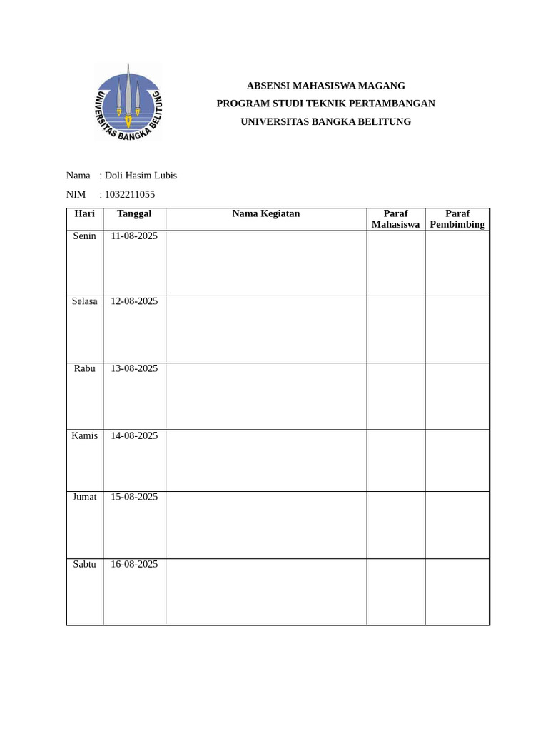 Absensi Magang Mahasiswa Teknik Pertambangan | PDF