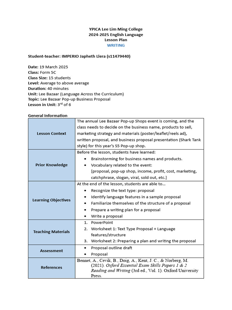 Edu FE LP 3 - of - 6 - Writing - Proposal - Lesson Plan 2425 | PDF ...