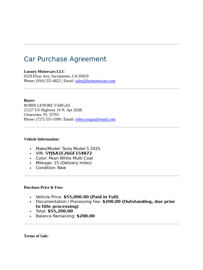 Tesla Model S Purchase Agreement | PDF