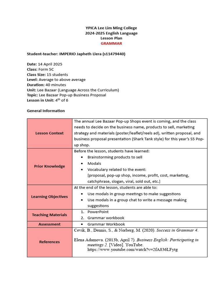 Edu FE LP 4 - of - 6 - Grammar - Proposal - Lesson Plan 2425 | PDF ...