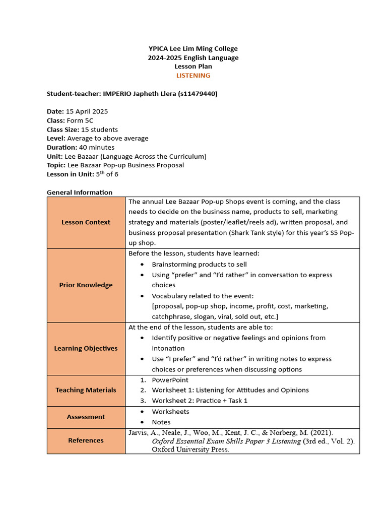 Edu FE LP 5 - of - 6 - Listening - Proposal - Lesson Plan 2425 | PDF ...