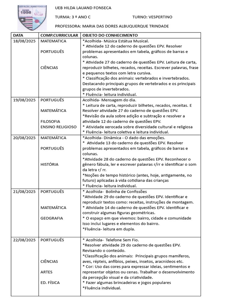 Planejamento Semanal 3º Ano - UEB Hilda Lauand | PDF | Matemática ...