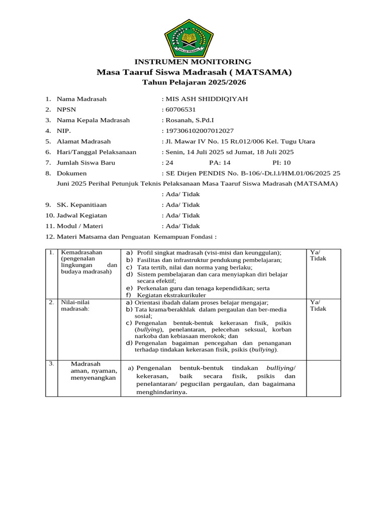 Panduan MATSAMA 2025 MIS Ash Shiddiqiyah | PDF