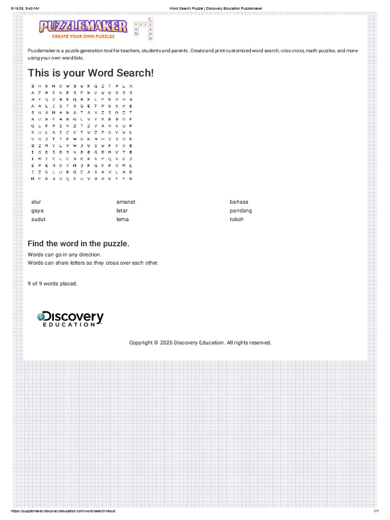 Word Search Puzzle - Discovery Education Puzzlemaker | PDF