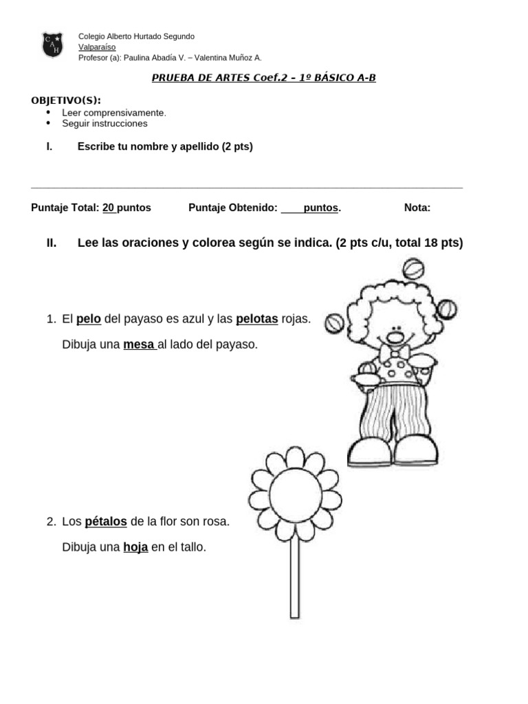 Prueba Coef 2 - ARTES 1° - Instrucciones | PDF