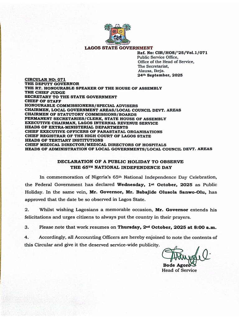Declaration of A Public Holiday To Observe The 65th National ...
