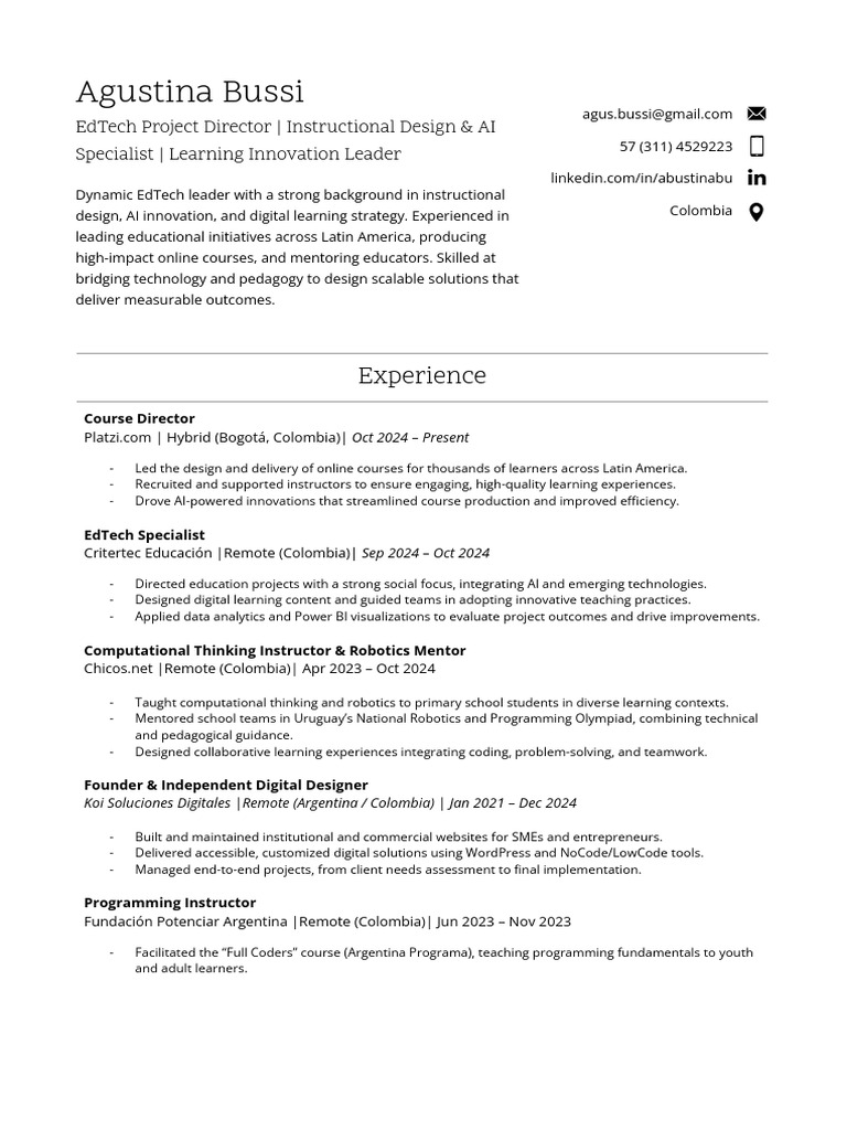 Agustina Bussi Resume 2025 - en | PDF | Educational Technology | Pedagogy