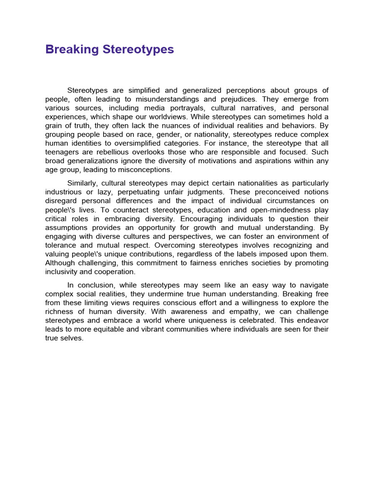 Breaking Down Stereotypes for Understanding | PDF | Stereotypes ...