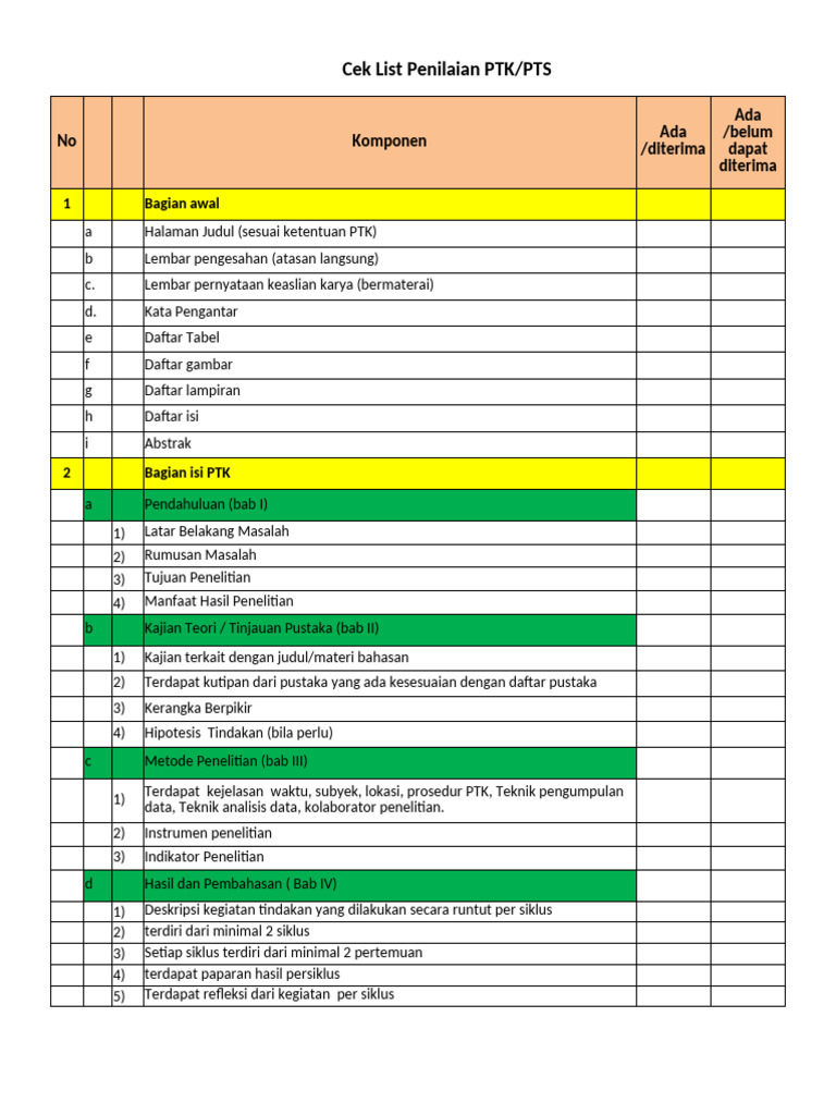 Cek List Penilaian PTK/PTS Lengkap | PDF