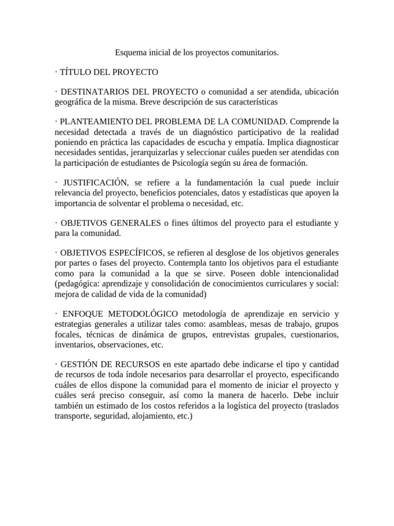 Esquema Inicial de Los Proyectos Comunitarios | PDF