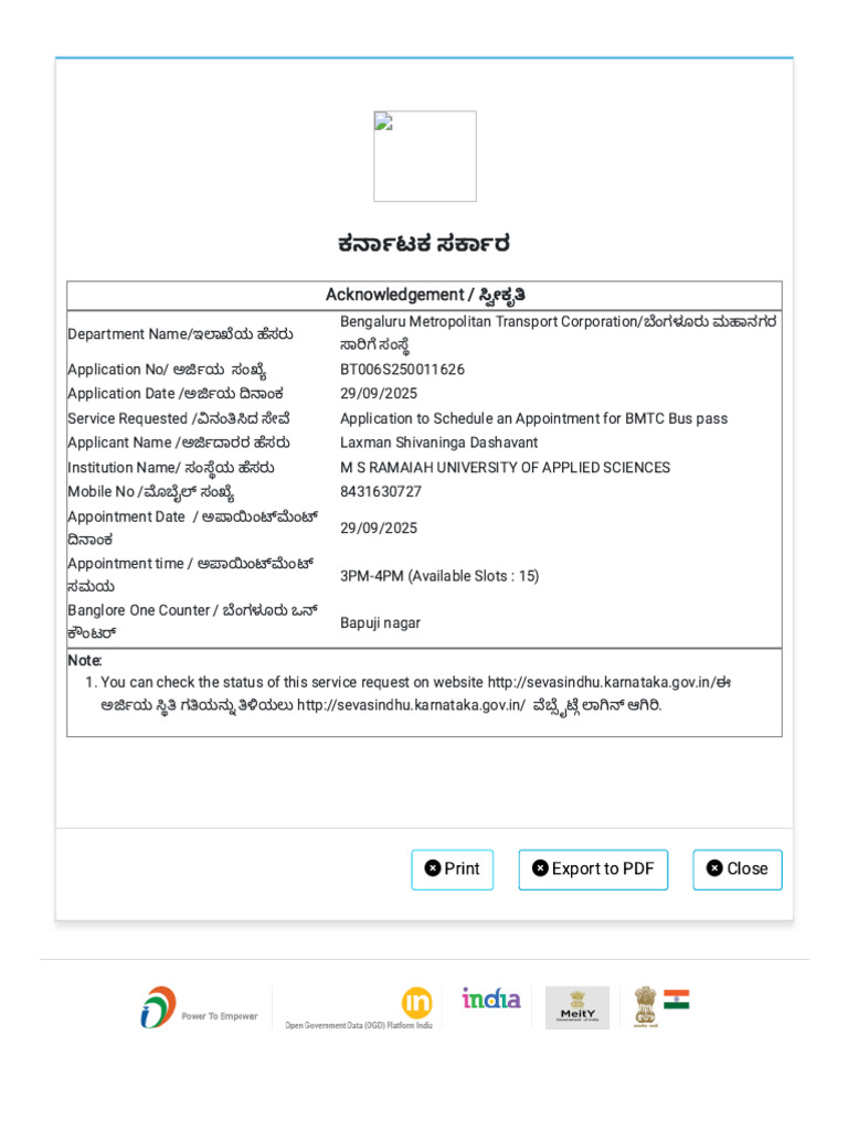 ServicePlus - Application To Schedule An Appointment For BMTC Bus Pass ...