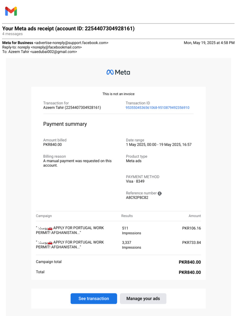 Meta Ads Receipt for Azeem Tahir | PDF | Payments | Computer Mediated ...