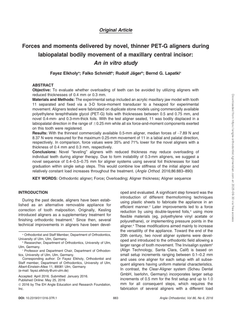Forces and Moments Delivered by Novel, Thinner PET-G Aligners During ...