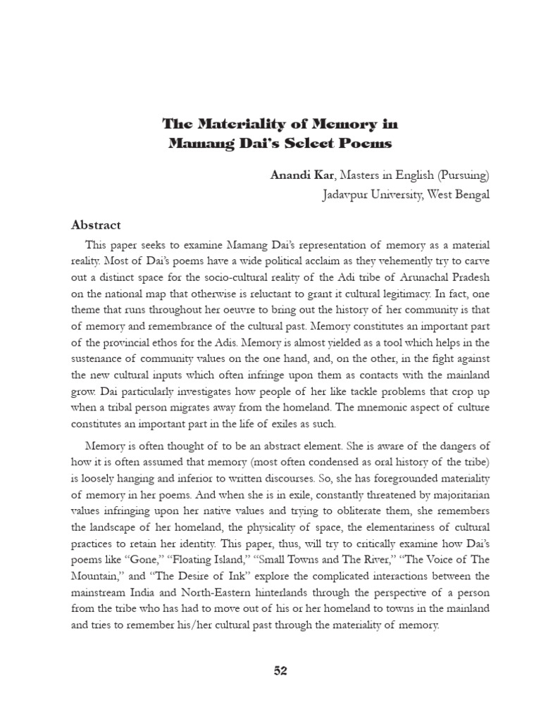 Materiality of Memory in Mamang Dai's Poetry | PDF | Memory