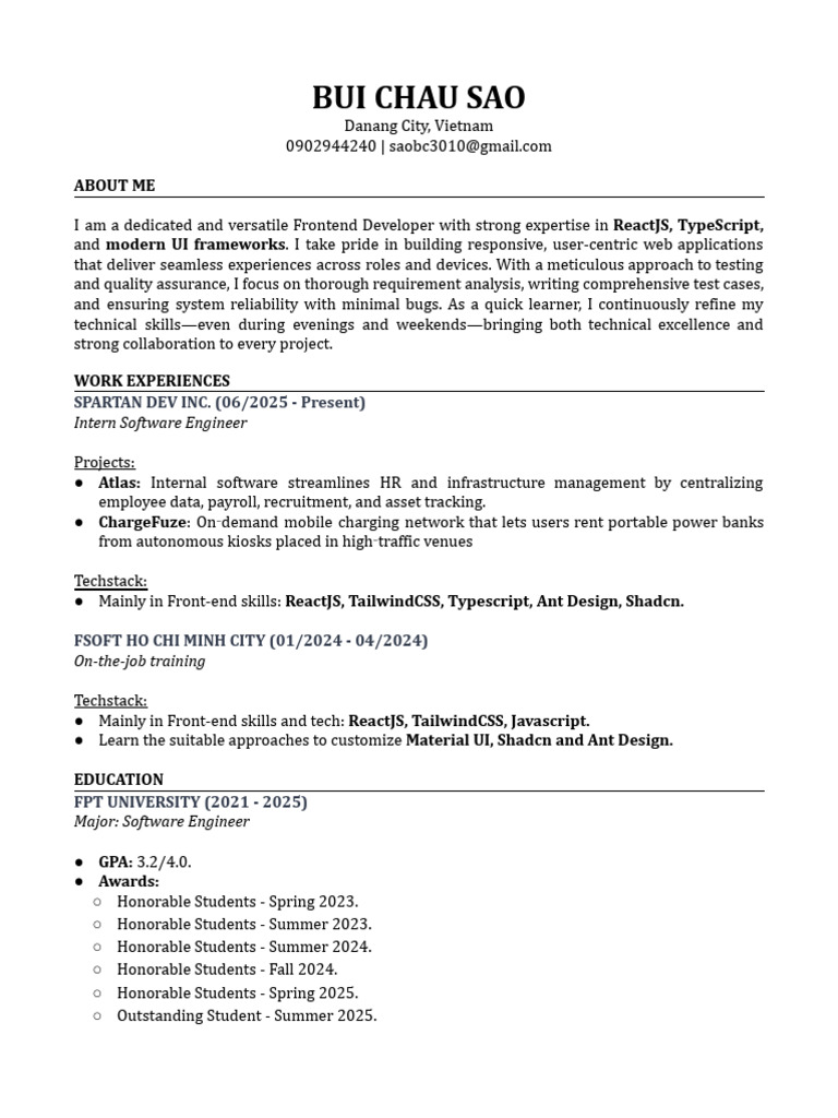 CV Bui Chau Sao - Intern Front-End Developer | PDF | Databases ...