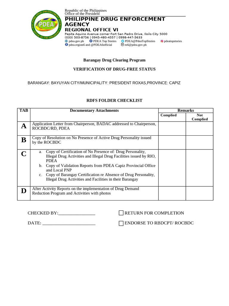 Checklist - Verification of Drug-Free Barangay Status | PDF