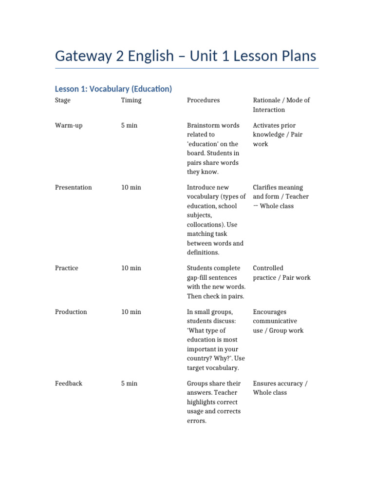Gateway 2 English Unit 1 Lesson Plans | PDF | Reading Comprehension ...