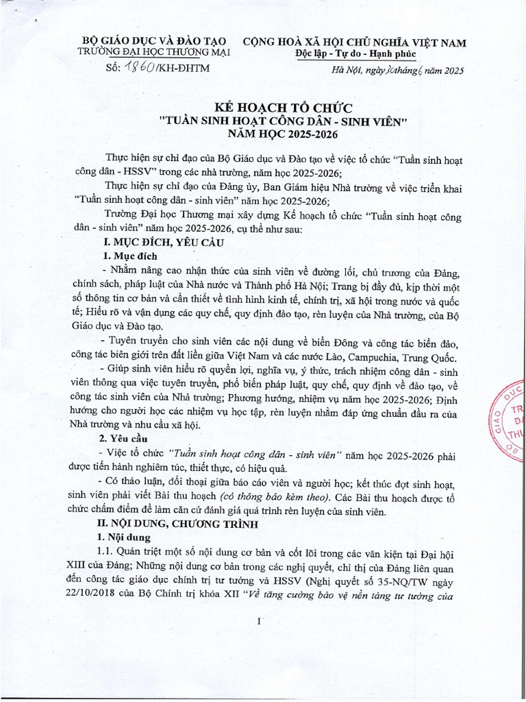 Kế Hoạch Và Lịch Của Viện QTKD Tuần SHCD NH (25-26) - 0001 | PDF