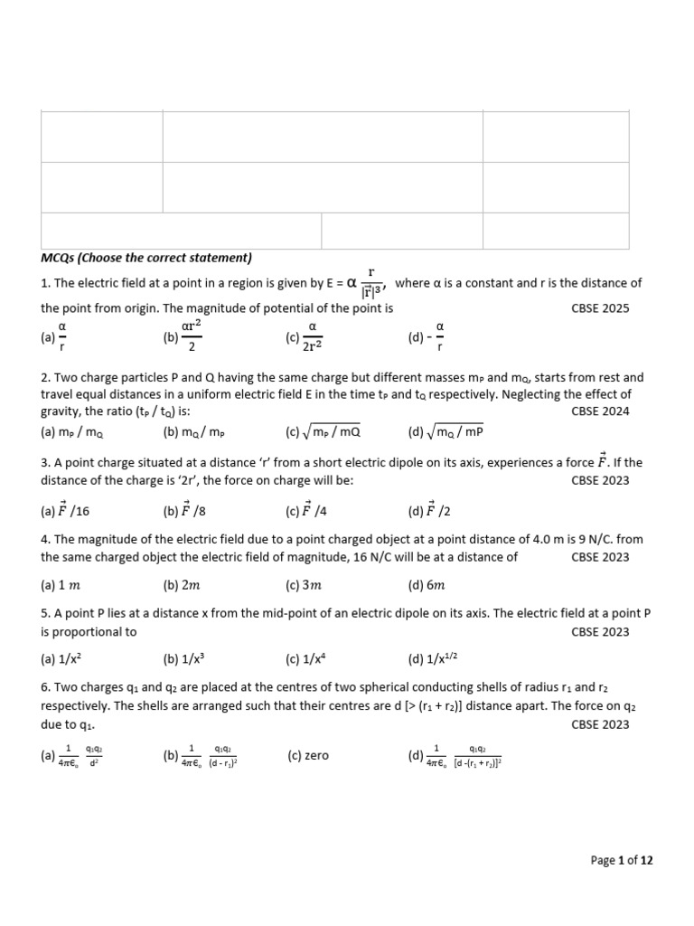 Worksheet - Electric Charges Anf Field 1 | PDF | Electric Field | Force