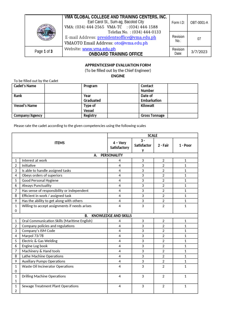 Obt For 0001 A Apprentice Evaluation Form Engine | PDF
