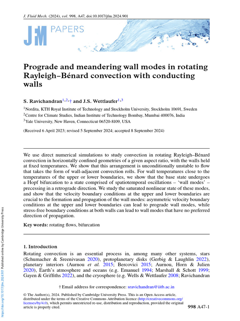 2024 JFM Ravichandran Prograde and Meandering Wall Modes in Rotating Rayleigh Benard Convection ...