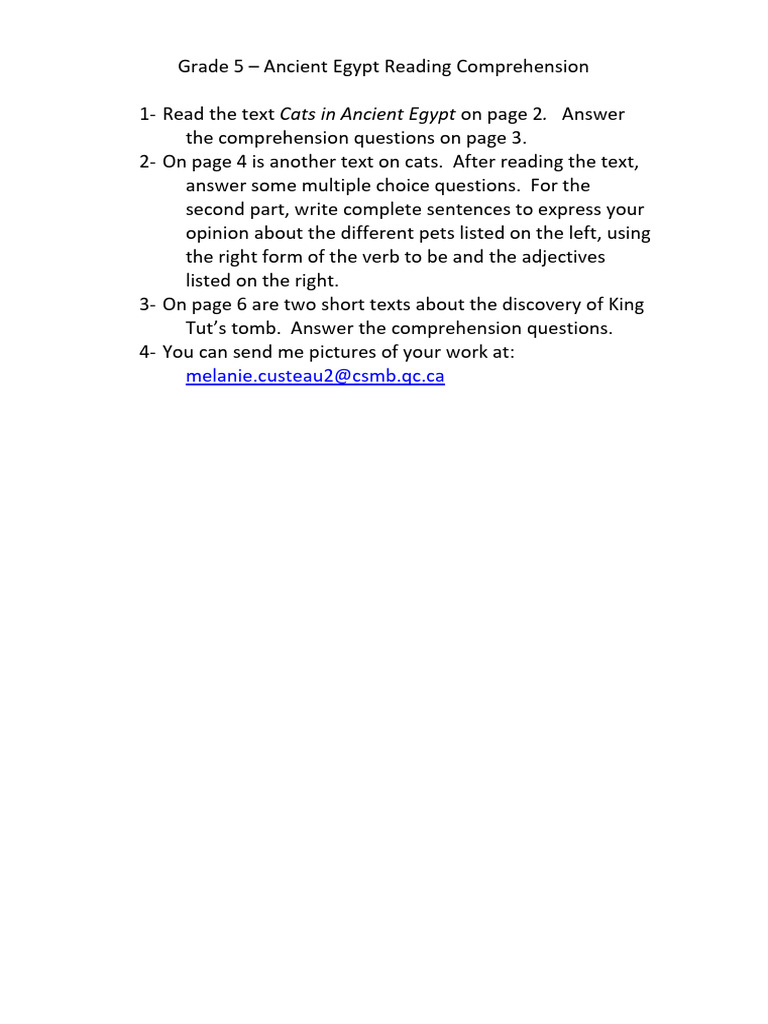 Grade 5 Ancient Egypt Reading Comprehension Miss Melanie | PDF | Cats ...