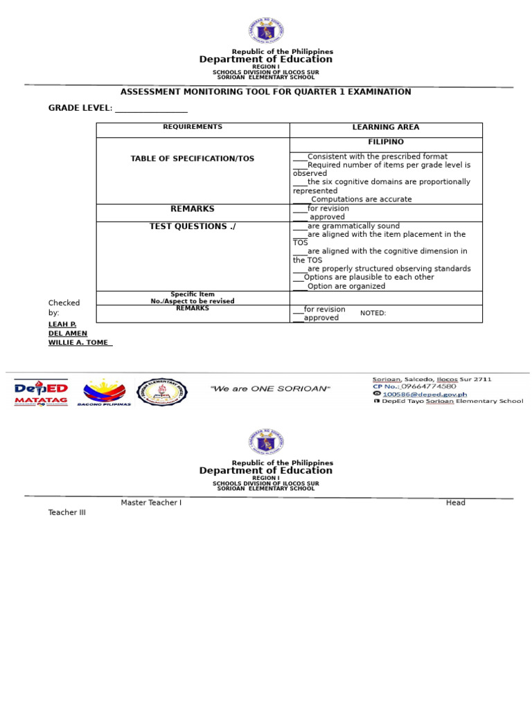 Assesment Tool During Examination 2025 Per Subject Filipino | PDF | Educational Assessment ...