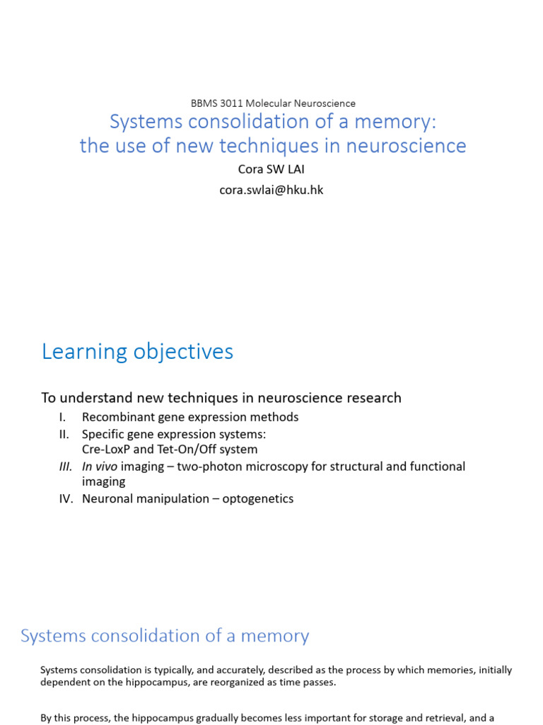 BBMS 3011 Systems Consolidation of A Memory - The Use of New Techniques in Neuroscience 2025 ...