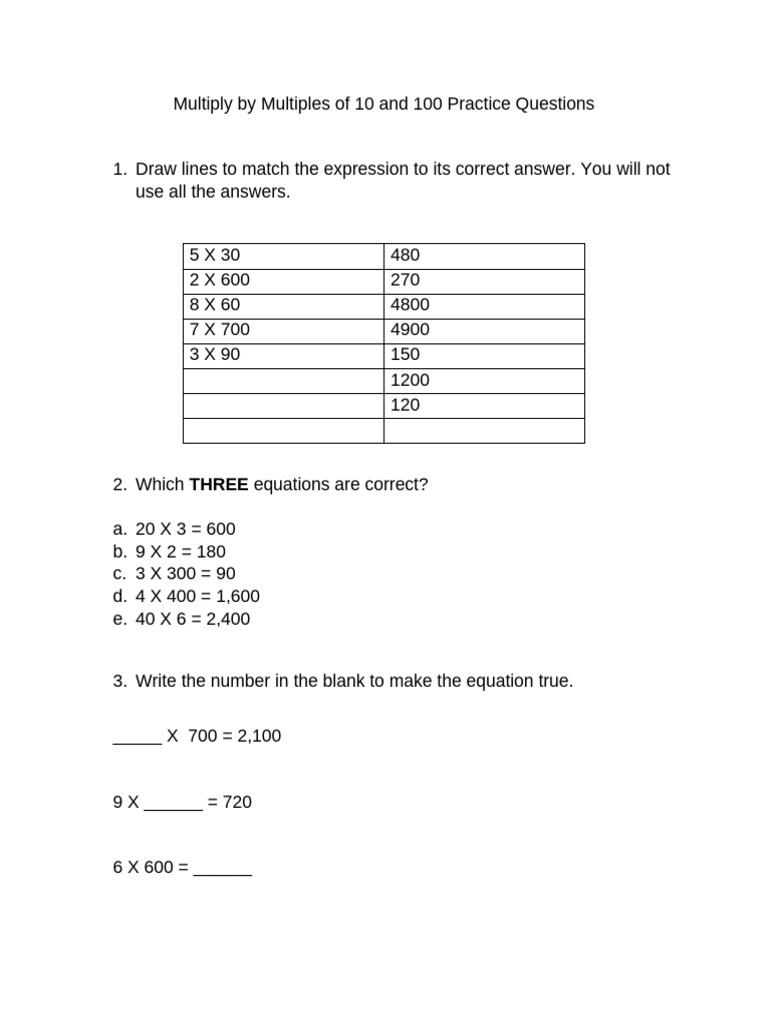 10s and 100s Multiplication Practice | PDF