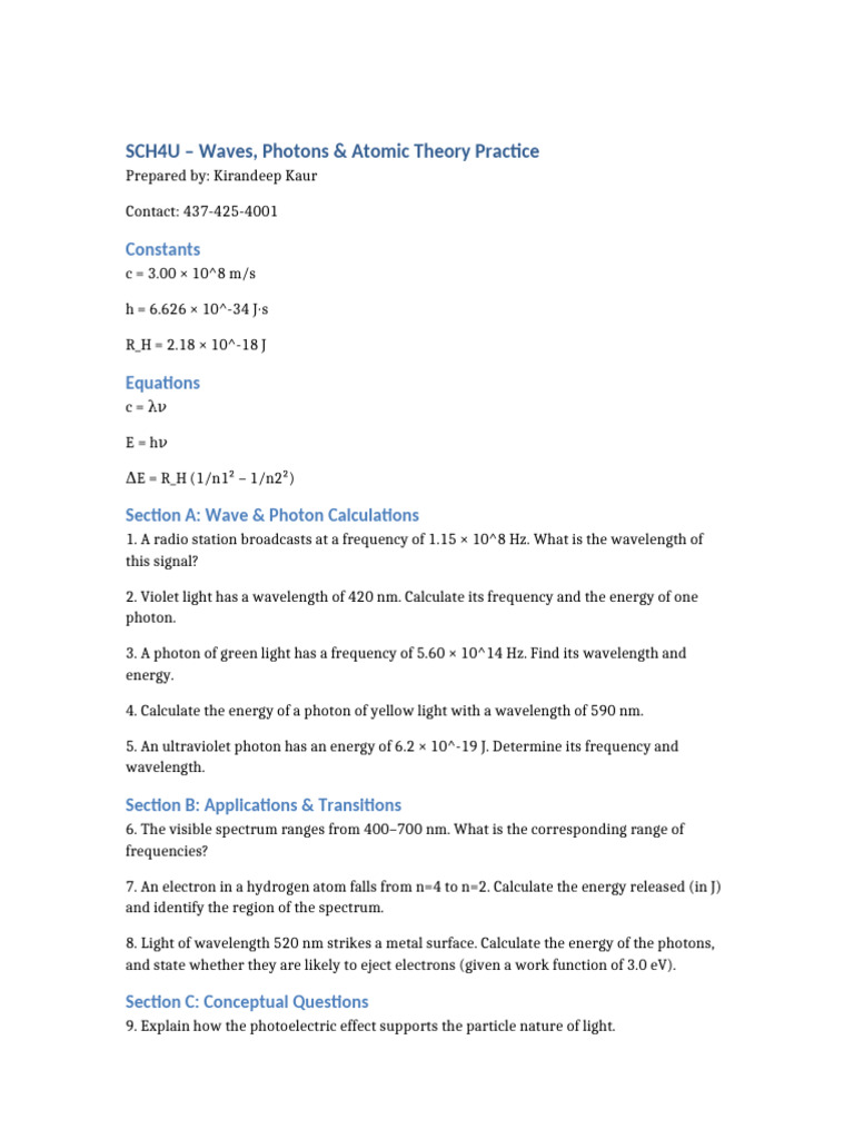 SCH4U Waves Photons Atomic Theory Worksheet KirandeepKaur | PDF