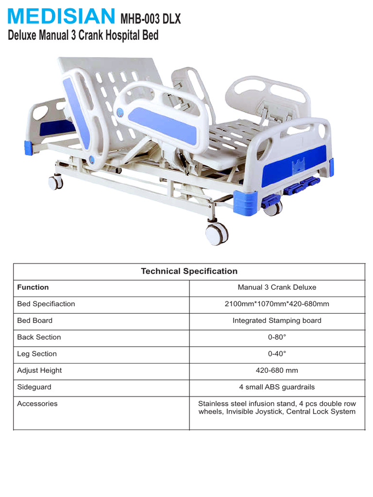 MEDISIAN Deluxe Manual 3 Crank Hospital Bed MHB-003 DLX | PDF