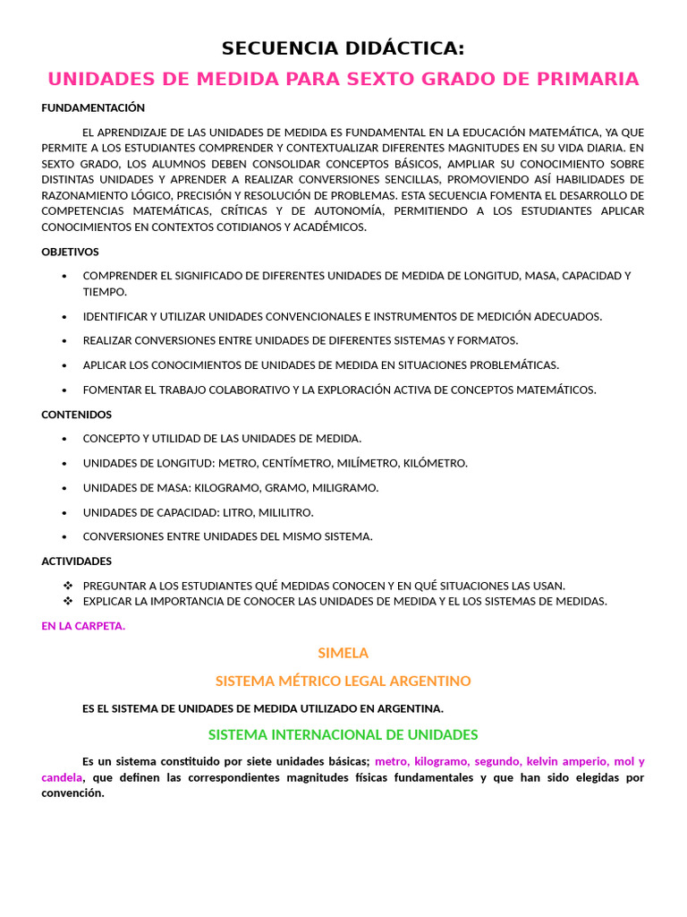 Secuencia Didáctica Unidades de Medida | PDF | Sistema Internacional de Unidades | Tonelada
