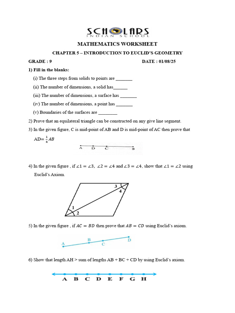 GR 9 - Worksheet - Introduction To Euclid S Geometry | PDF