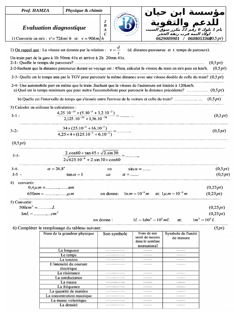 Evaluation Diagnostique: Prof. HAMZA Physique & Chimie | PDF