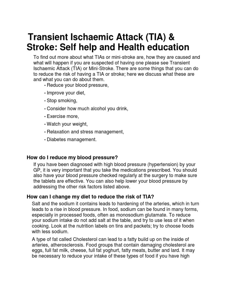 Transient Ischaemic Attack (TIA) & Stroke: Self Help and Health ...