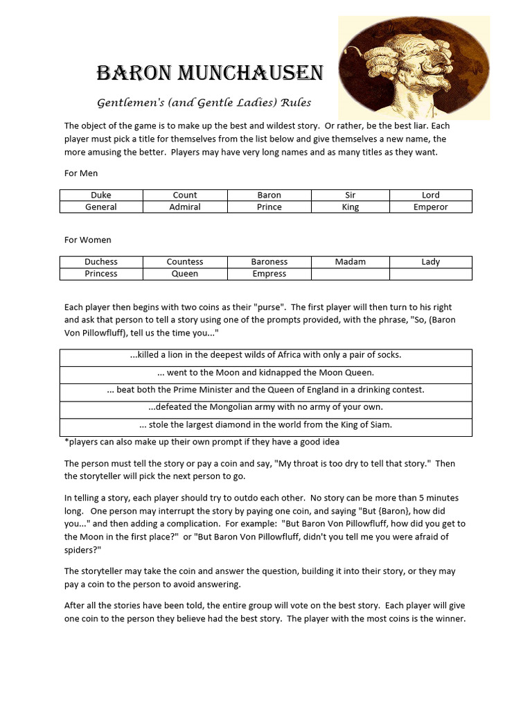 BaronMunchausen Game Worksheet | PDF | Baron
