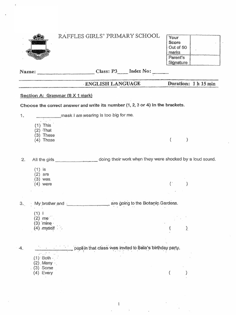 2024 P3 English End of Year Exam Raffles Girls | PDF