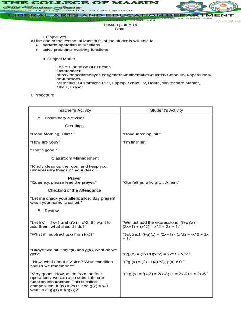 Operations of Functions Lesson Plan | PDF