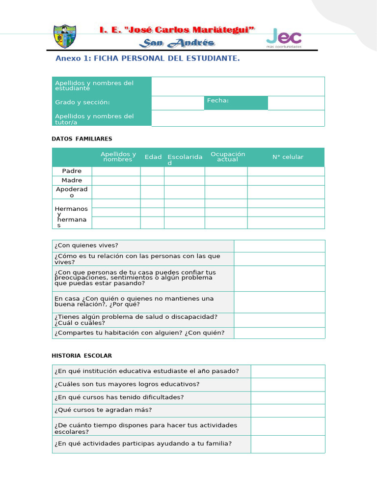 Ficha Personal del Estudiante: Datos y Necesidades | PDF | Escuelas