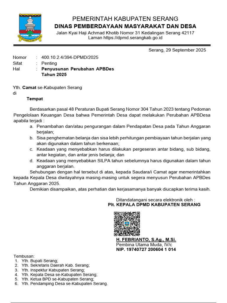 Perubahan APBDes 2025 Kabupaten Serang | PDF