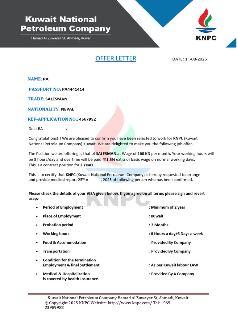 MR Raghu Sahani KNPC Offer Letter - Kuwait | PDF | Labour Law | Employment